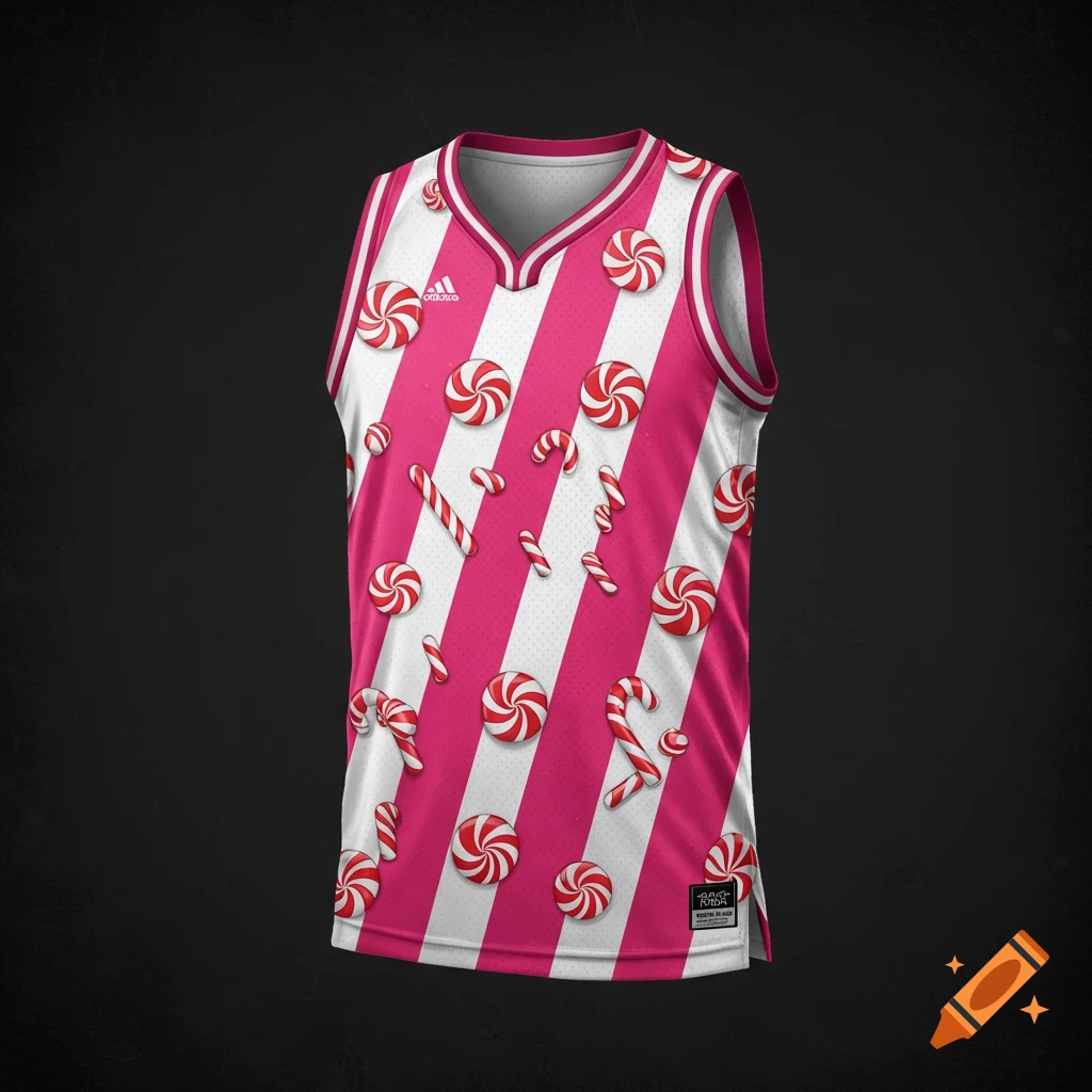 Basketball jersey with pink and white stripes and candy cane pattern on ...
