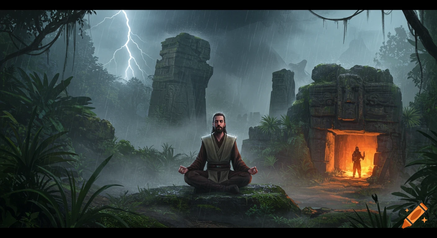 A figure meditating in a jungle with ancient ruins during a storm with ...