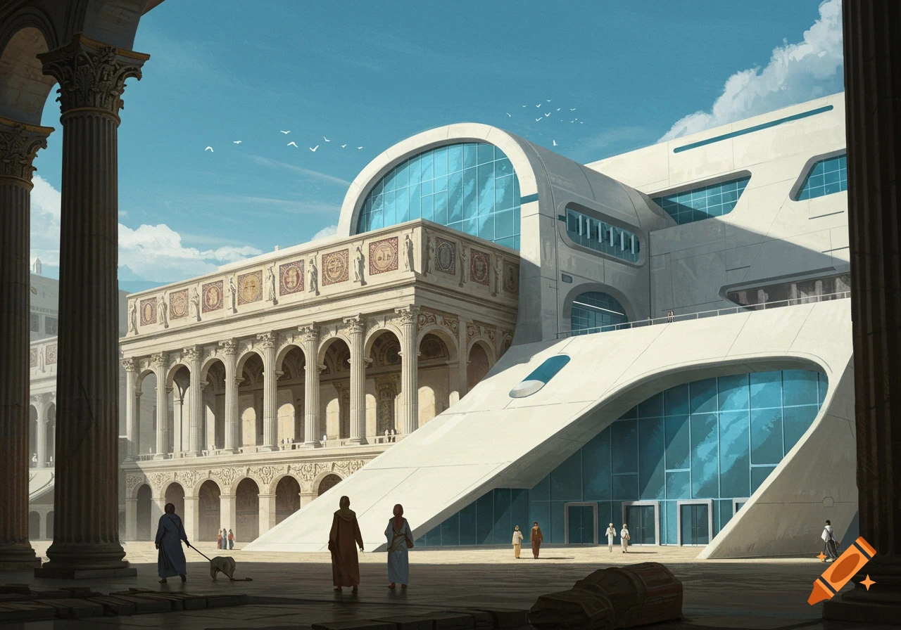 A building blending ancient Roman and modern futuristic architecture ...