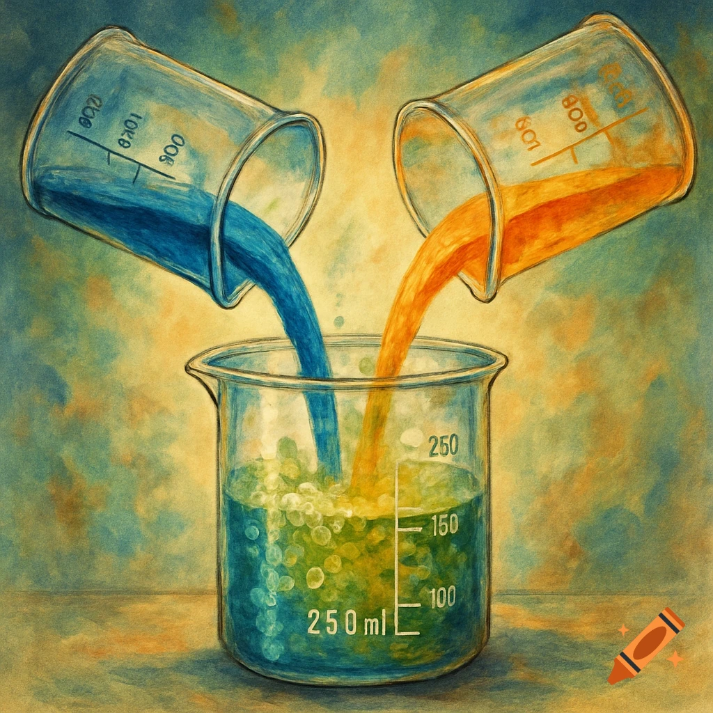 Two beakers pour blue and orange liquid into a large beaker in a ...