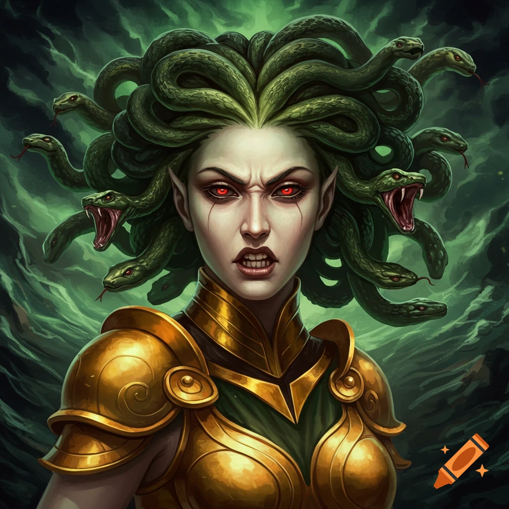 A close-up fantasy portrait of Medusa with green snake hair, red eyes ...