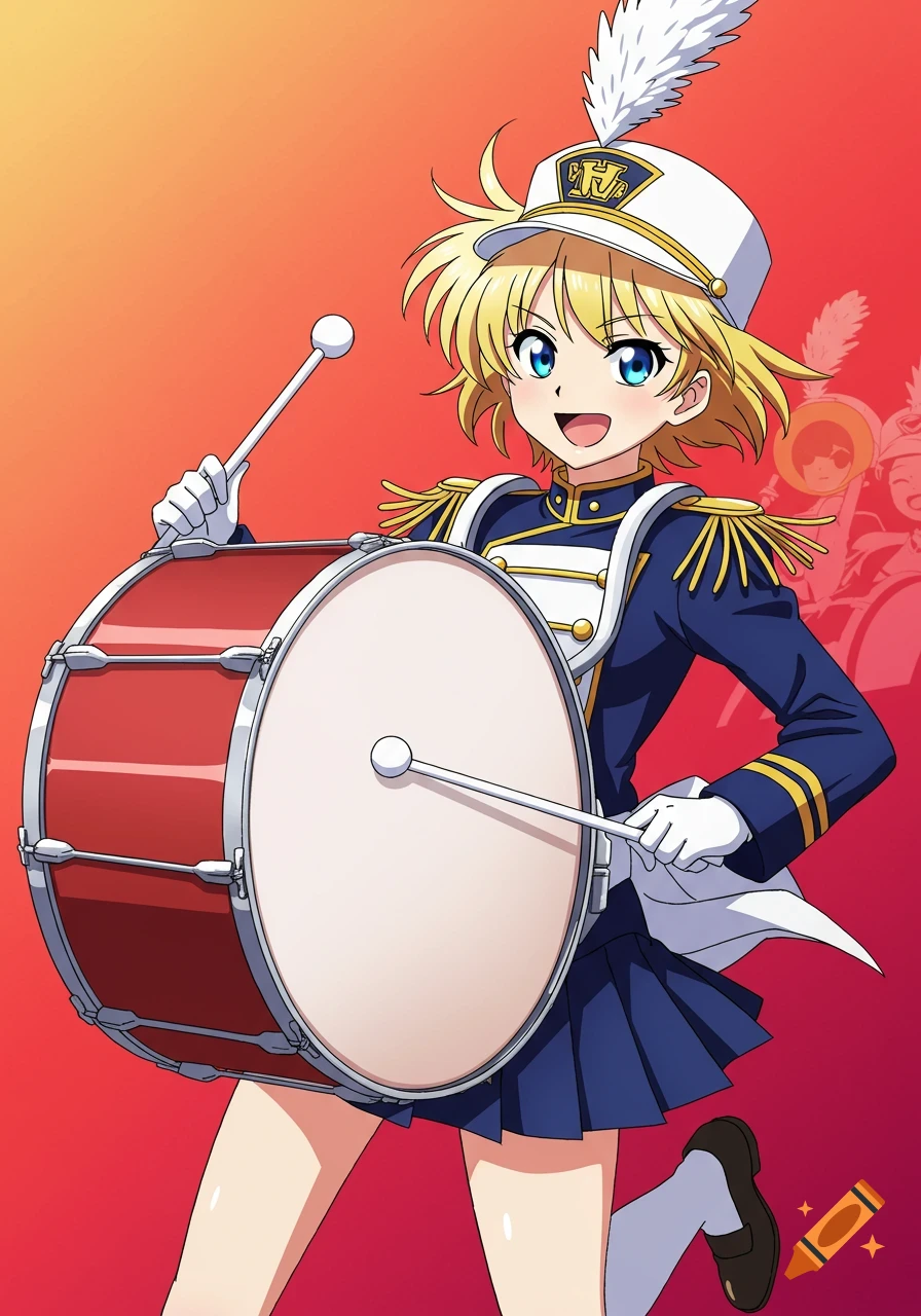 Anime girl in marching band uniform playing a bass drum on Craiyon