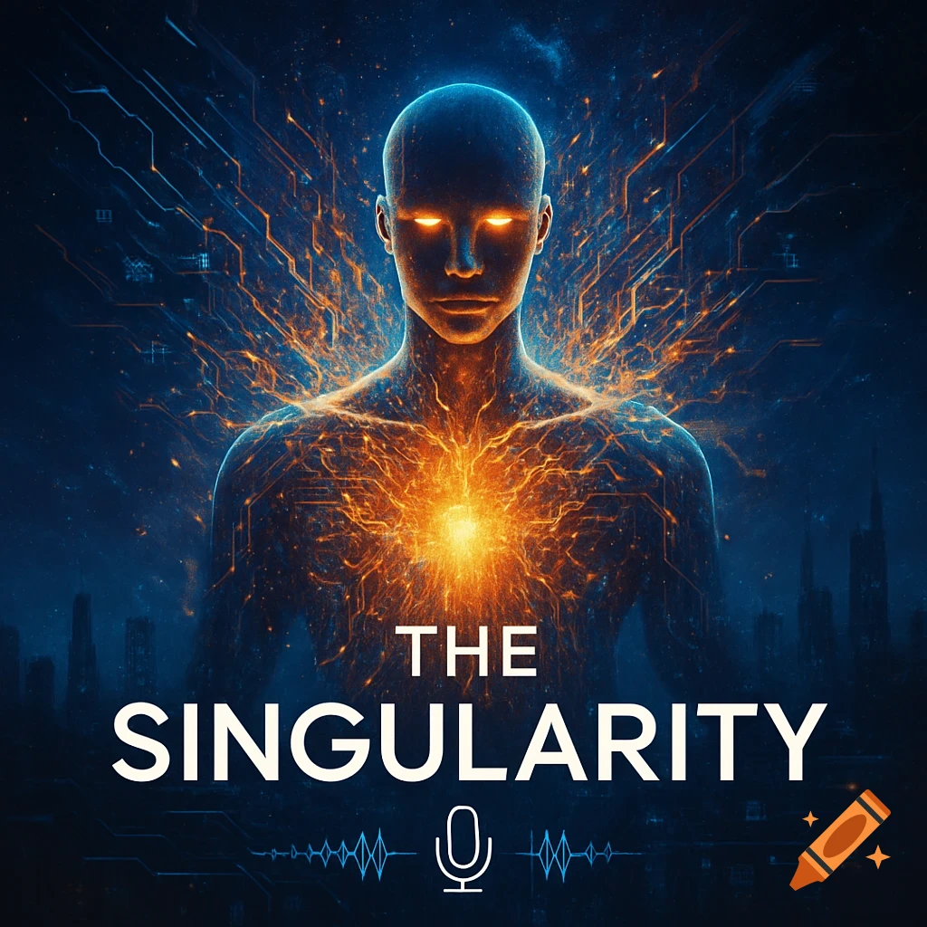 A glowing AI figure with digital connections emerging from circuits, with text 'THE SINGULARITY ...