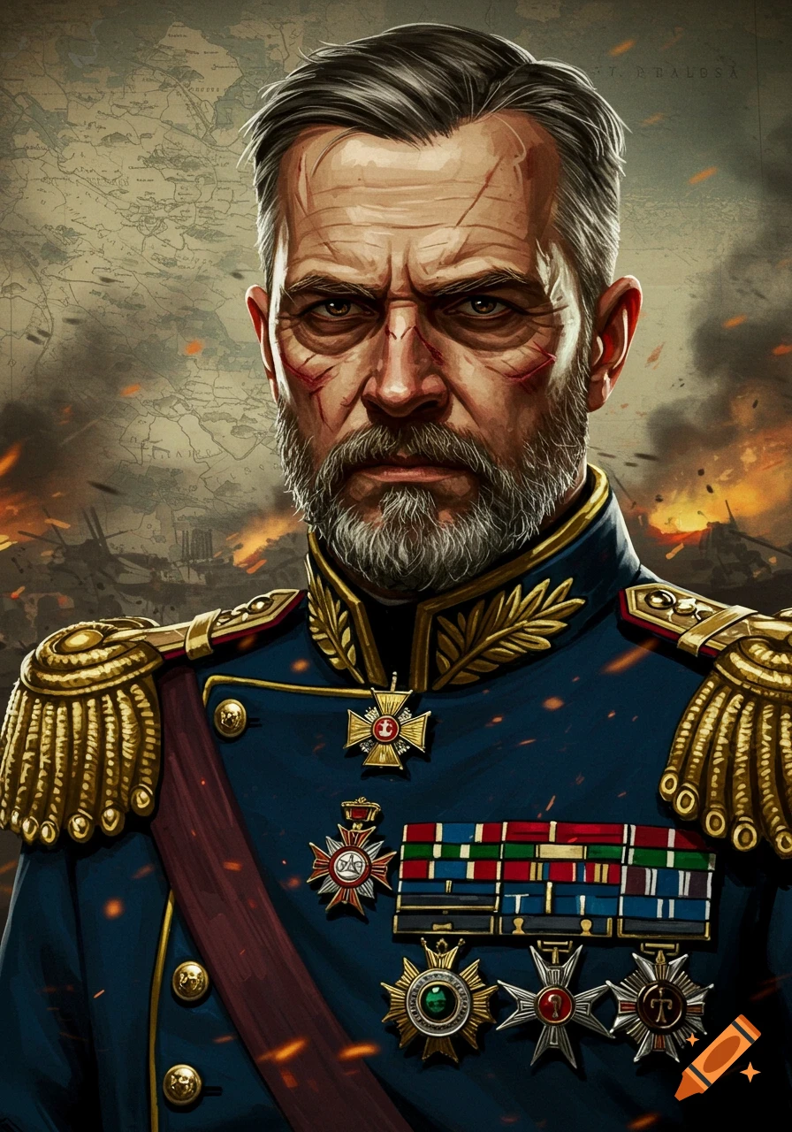 Portrait illustration of a stern military general in a decorated ...