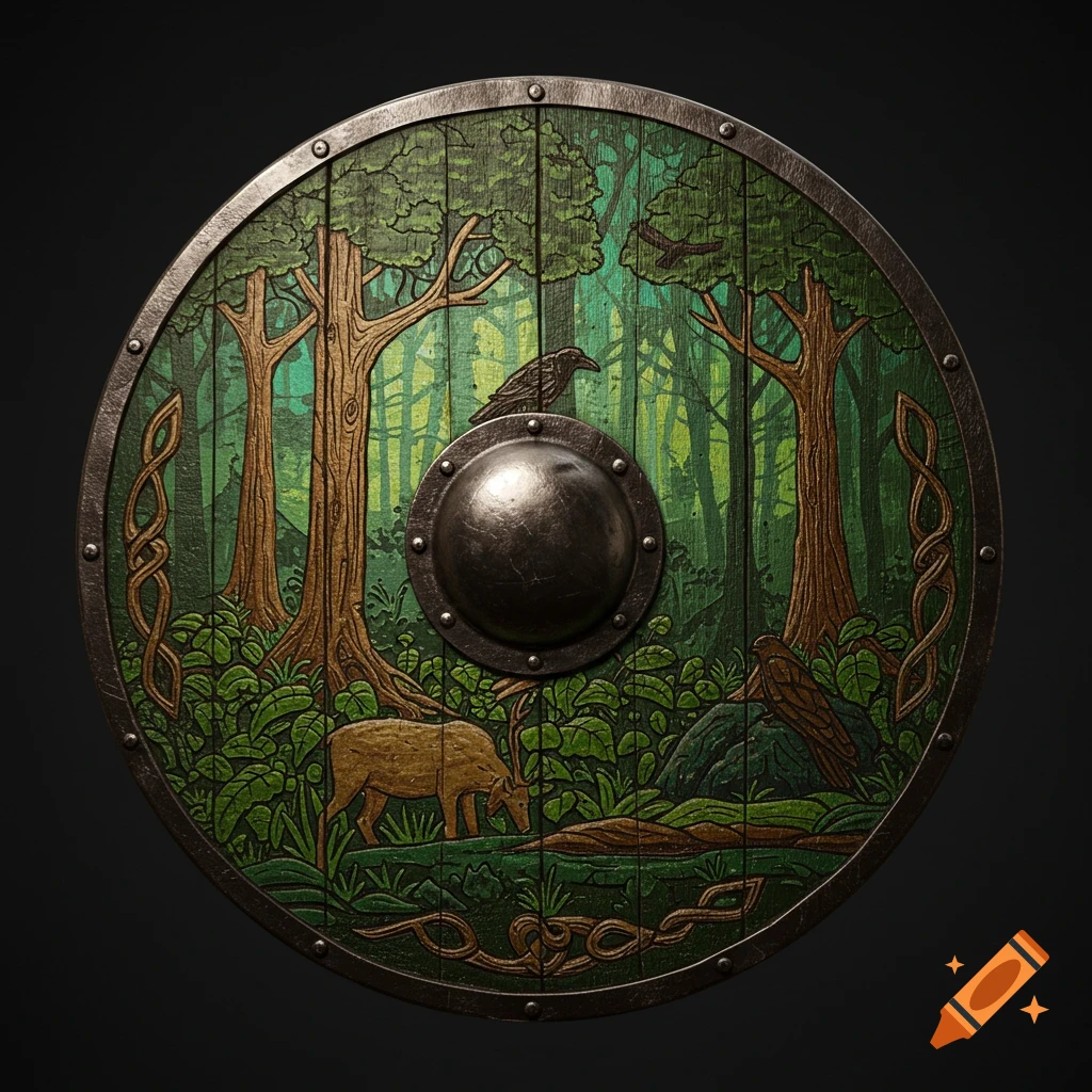 A Viking shield with a painted forest scene depicting trees, a deer ...