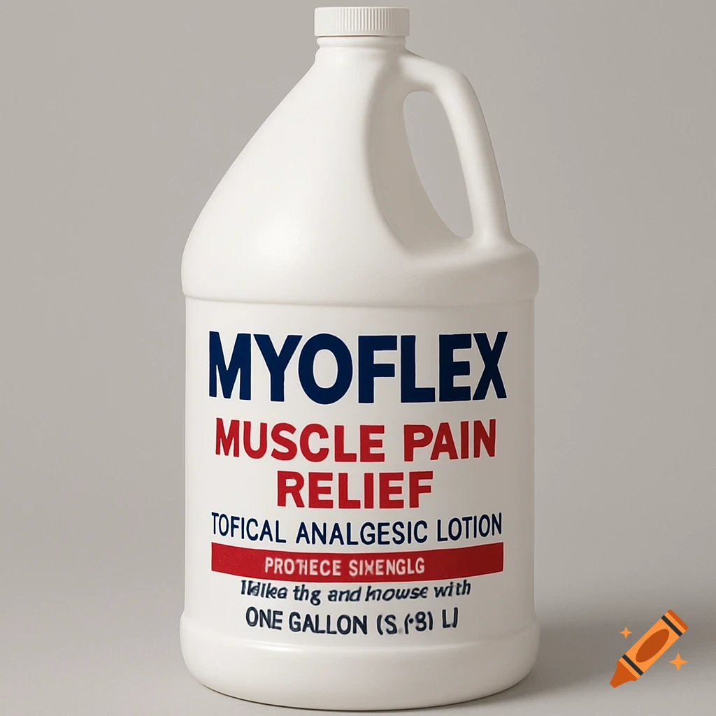 A white gallon jug of Myoflex Muscle Pain Relief lotion. on Craiyon