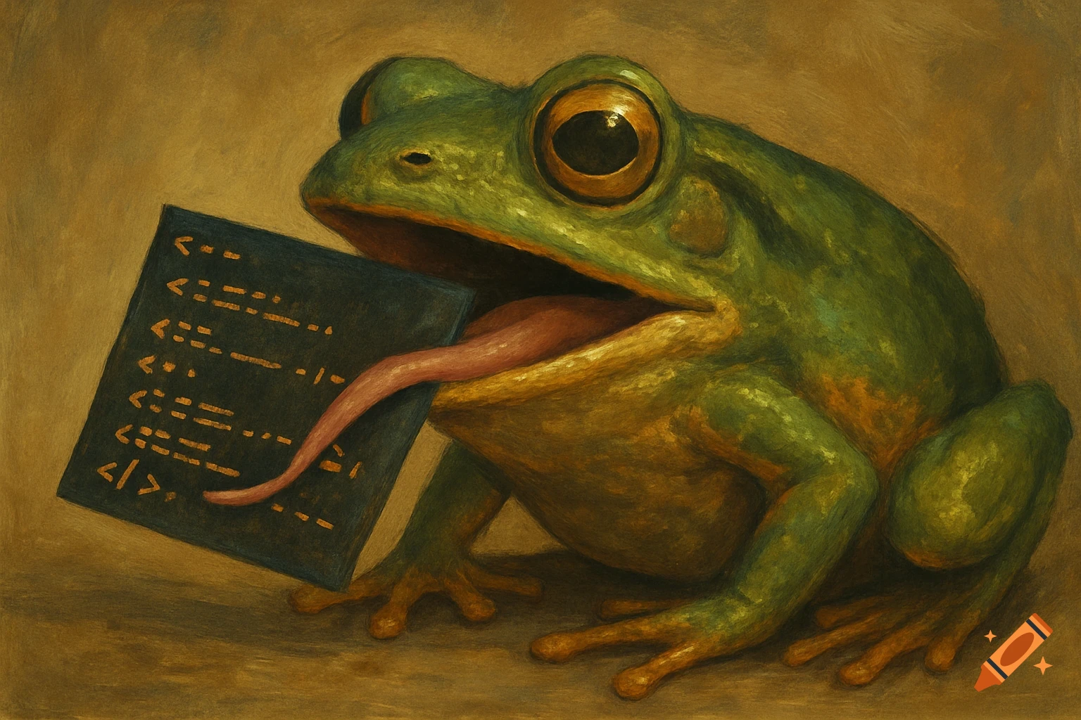 A green frog holding a piece of gibberish code with its tongue reaching ...