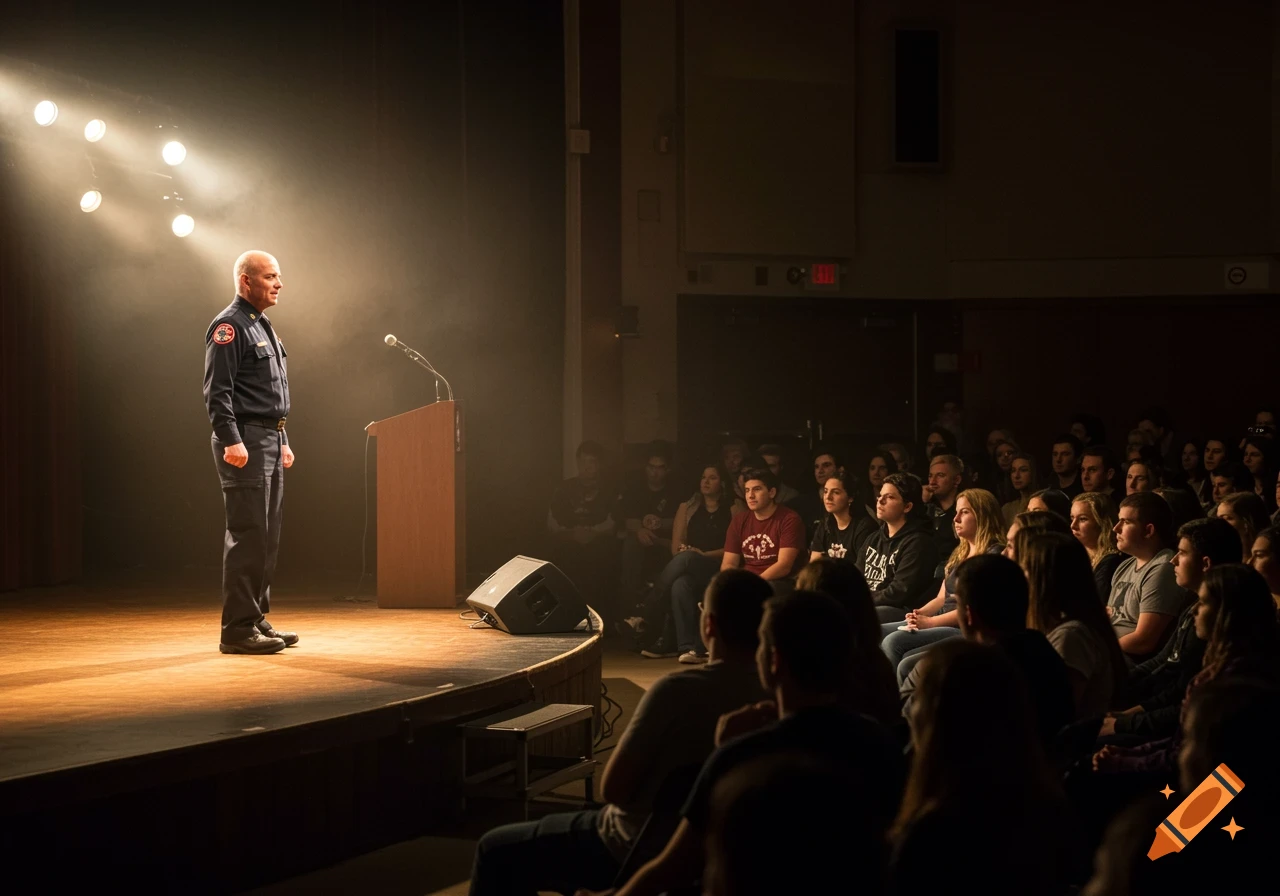 Firefighter speaking on stage to students with dramatic lighting. on ...