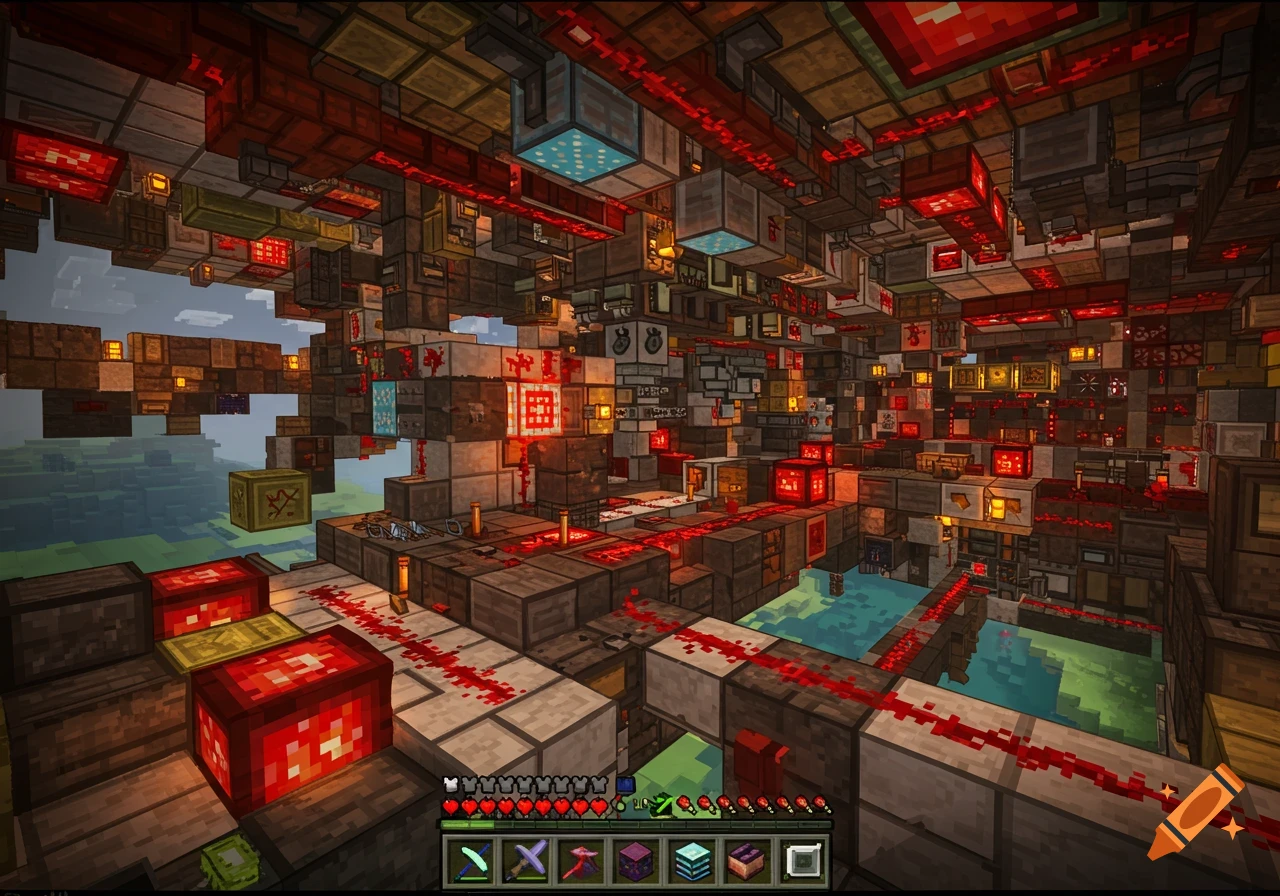 Complex Minecraft redstone contraption in a large airborne structure ...