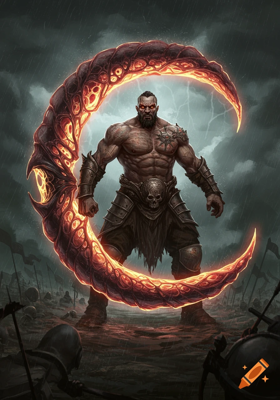 Muscular warrior with glowing crescent weapon on stormy battlefield. on ...