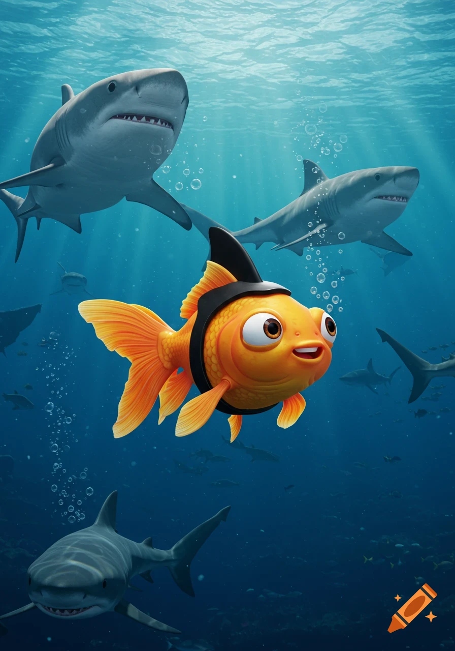 Cartoon goldfish wearing a shark fin harness swims among sharks ...