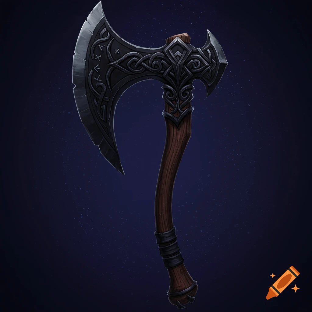 A stylized fantasy axe with intricate metal knotwork and runes on the ...