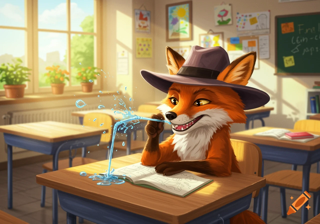 Cartoon fox in a hat shooting water from a straw in a classroom on Craiyon