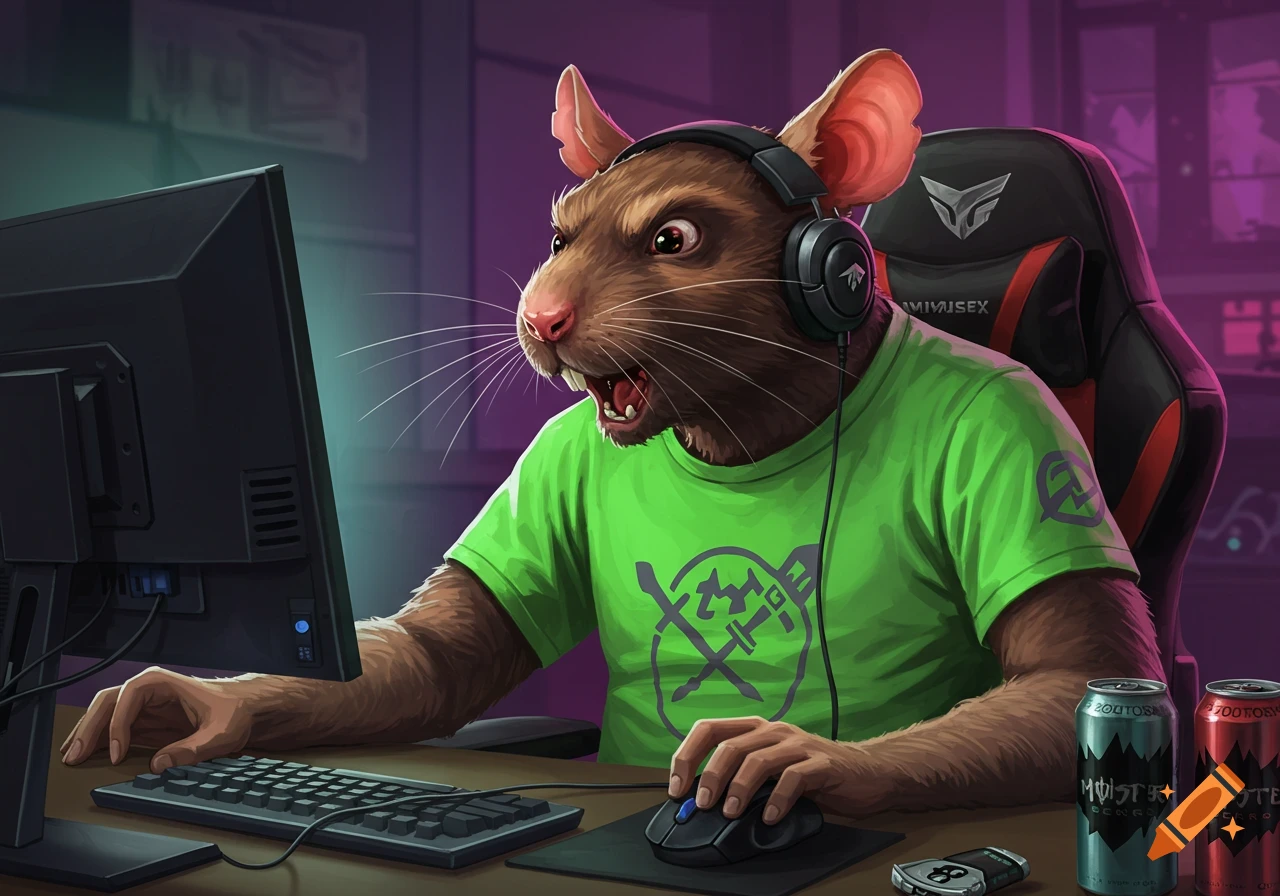 A brown rat wearing headphones sits in a gaming chair, playing a ...
