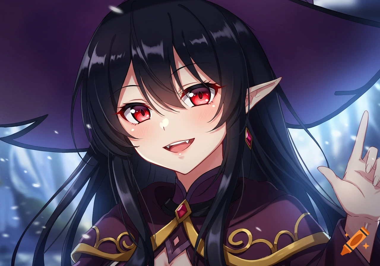 Smiling anime witch with black hair, red eyes, fangs, pointed ears, and ...