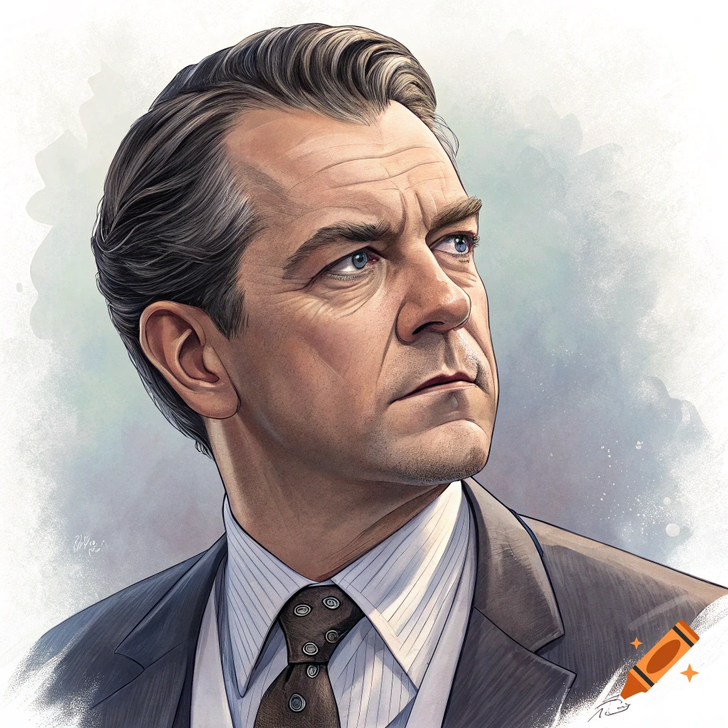 Stylized digital portrait of a man in a suit looking up and to the ...