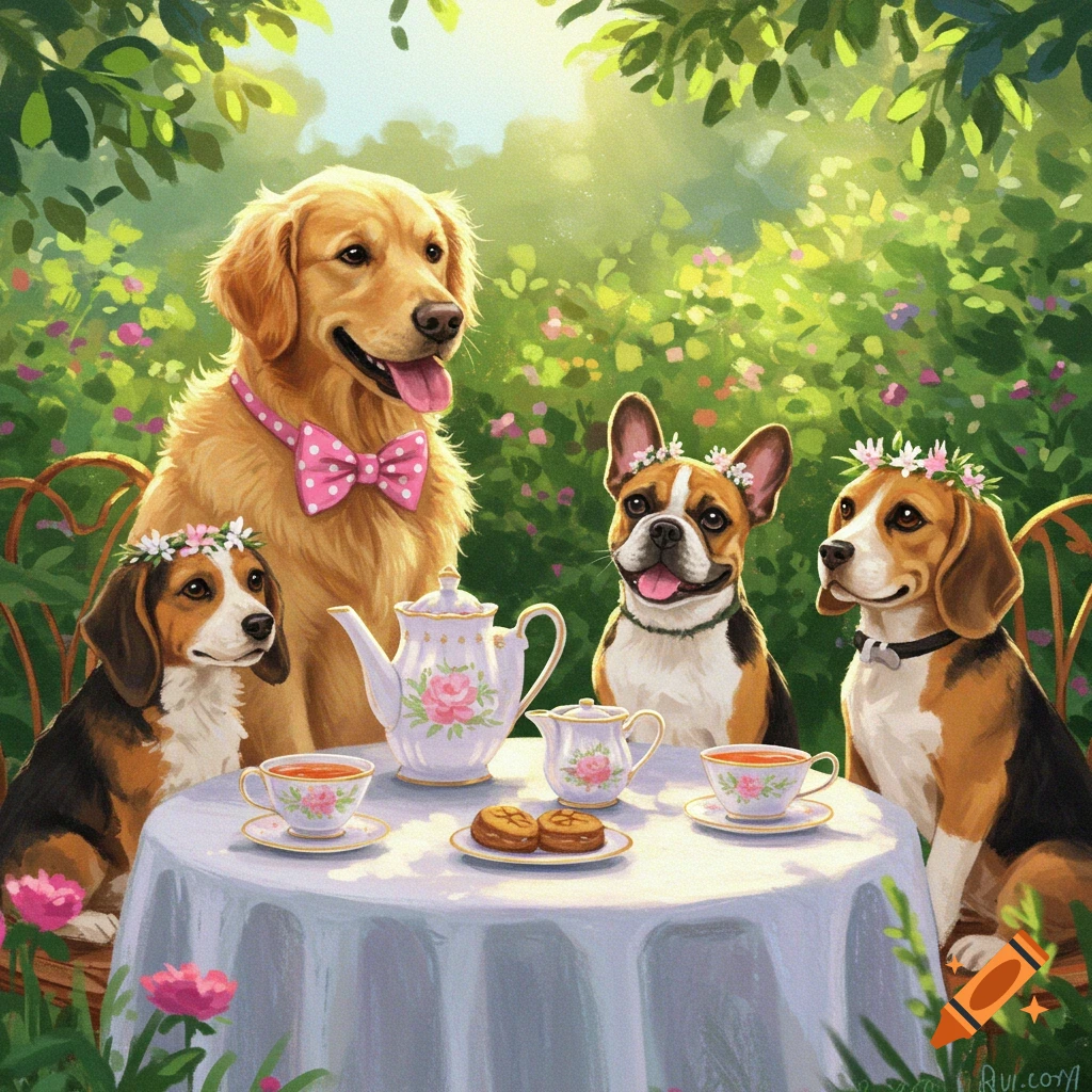 Illustration of dogs having a tea party in a garden with a teapot, cups ...