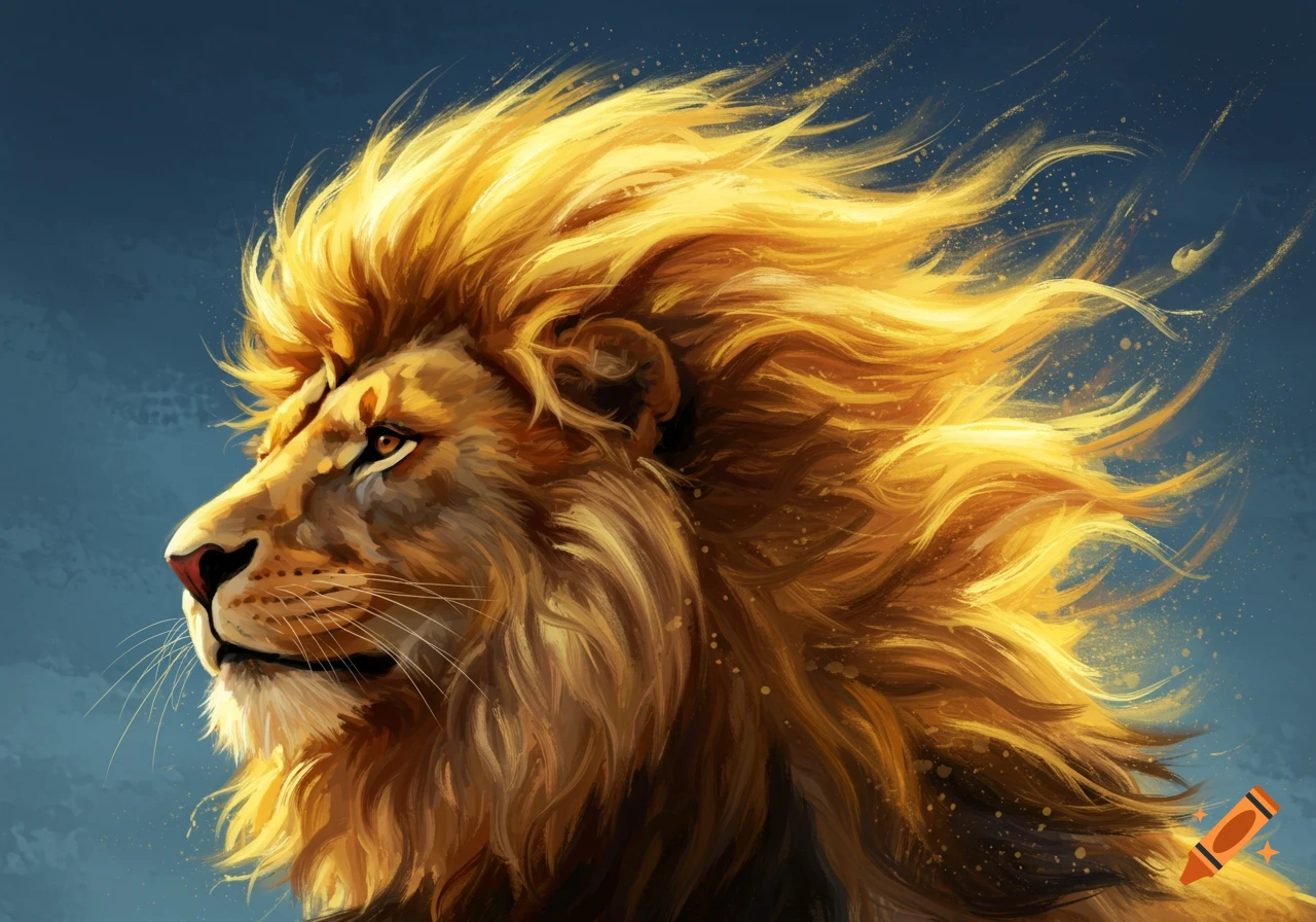 Close-up portrait of a lion with a glowing, wind-blown mane, in a ...