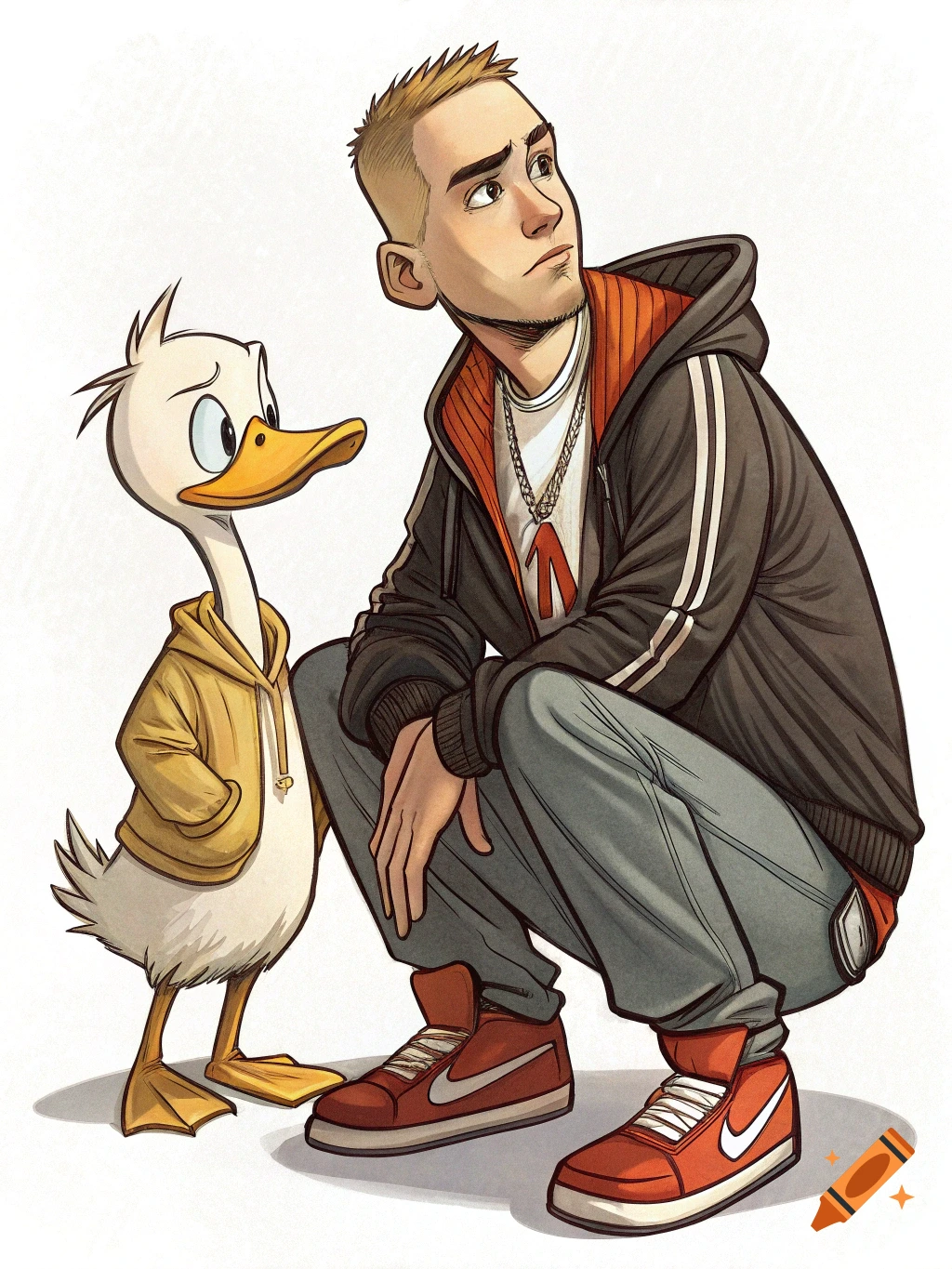 Illustration of a man crouching next to a cartoon duck in a hoodie on ...