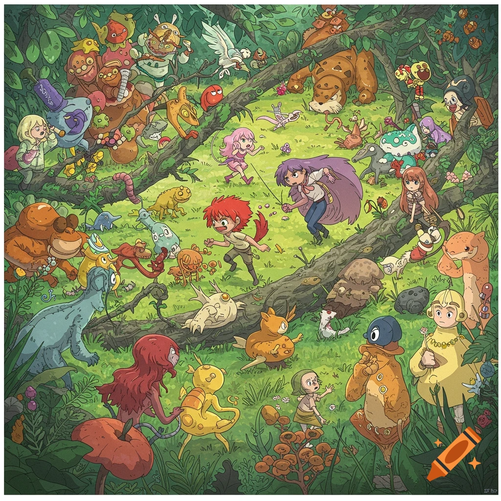 Crowded cartoon illustration of diverse fantasy creatures and ...