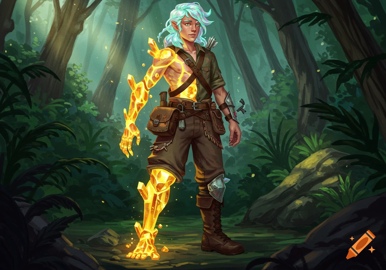 A fantasy ranger character in a forest with a glowing crystal arm and ...