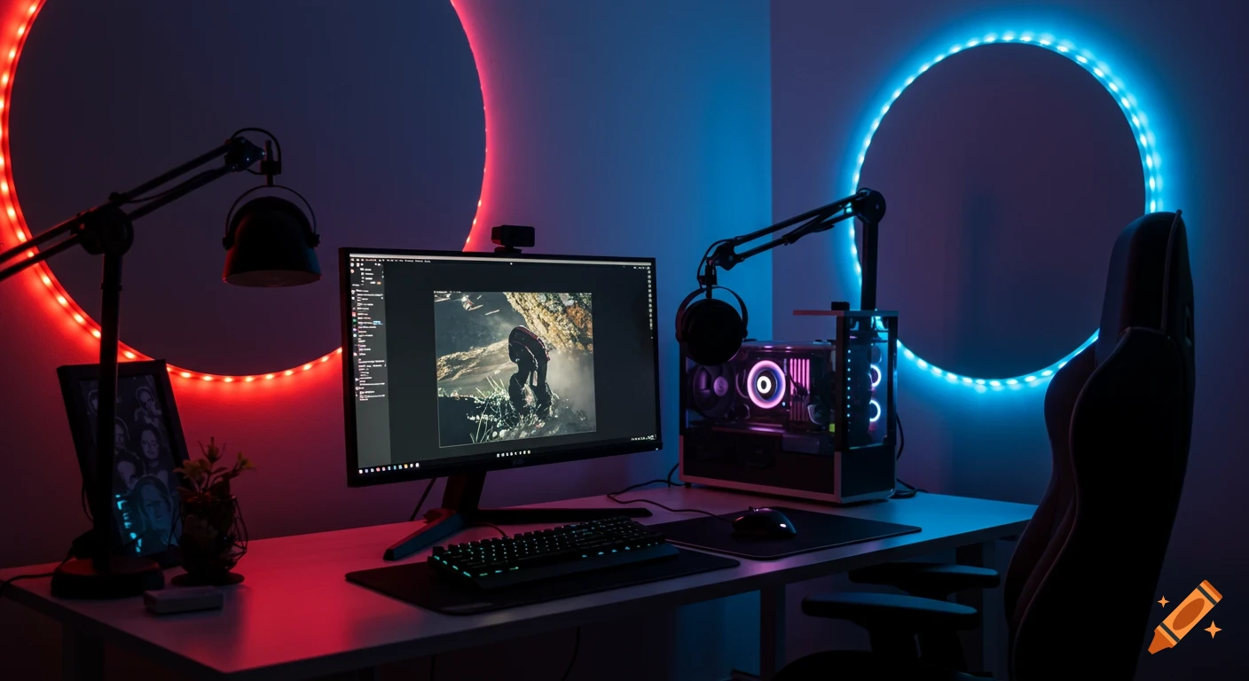 A gaming or streaming desk setup with a monitor, computer, microphone ...