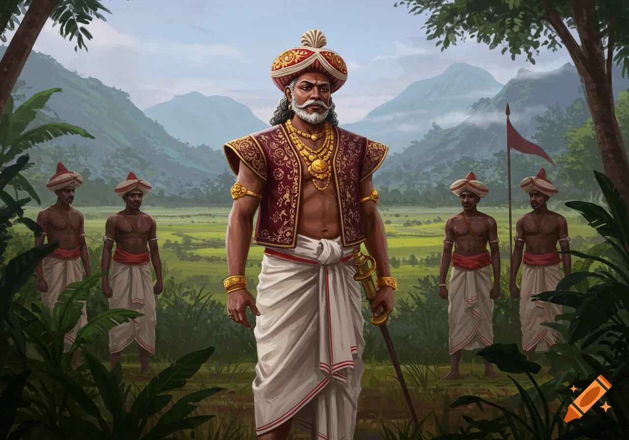 An illustration of an ancient chief in elaborate attire standing with ...
