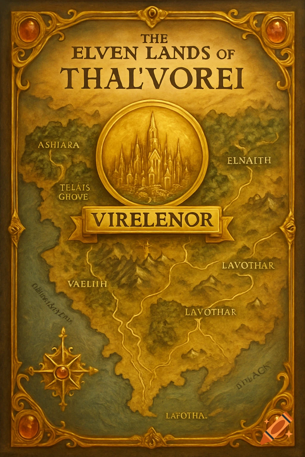 An ancient fantasy map of the Elven lands of Thal'Vorei, featuring ...