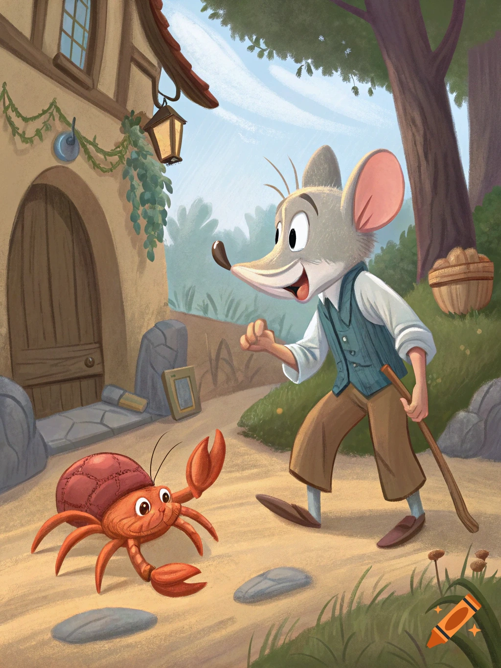 Cartoon mouse wearing clothes interacts with a crab on a path near a ...