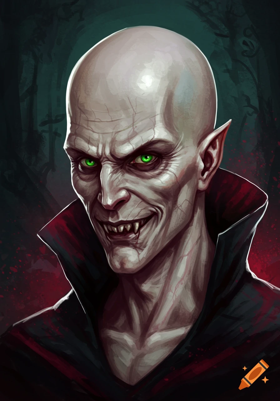 A stylized illustration of a bald vampire with green eyes. on Craiyon