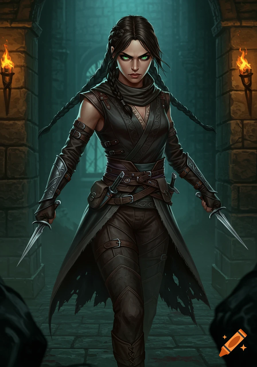 A female fantasy assassin with braids and green eyes stands in a ...