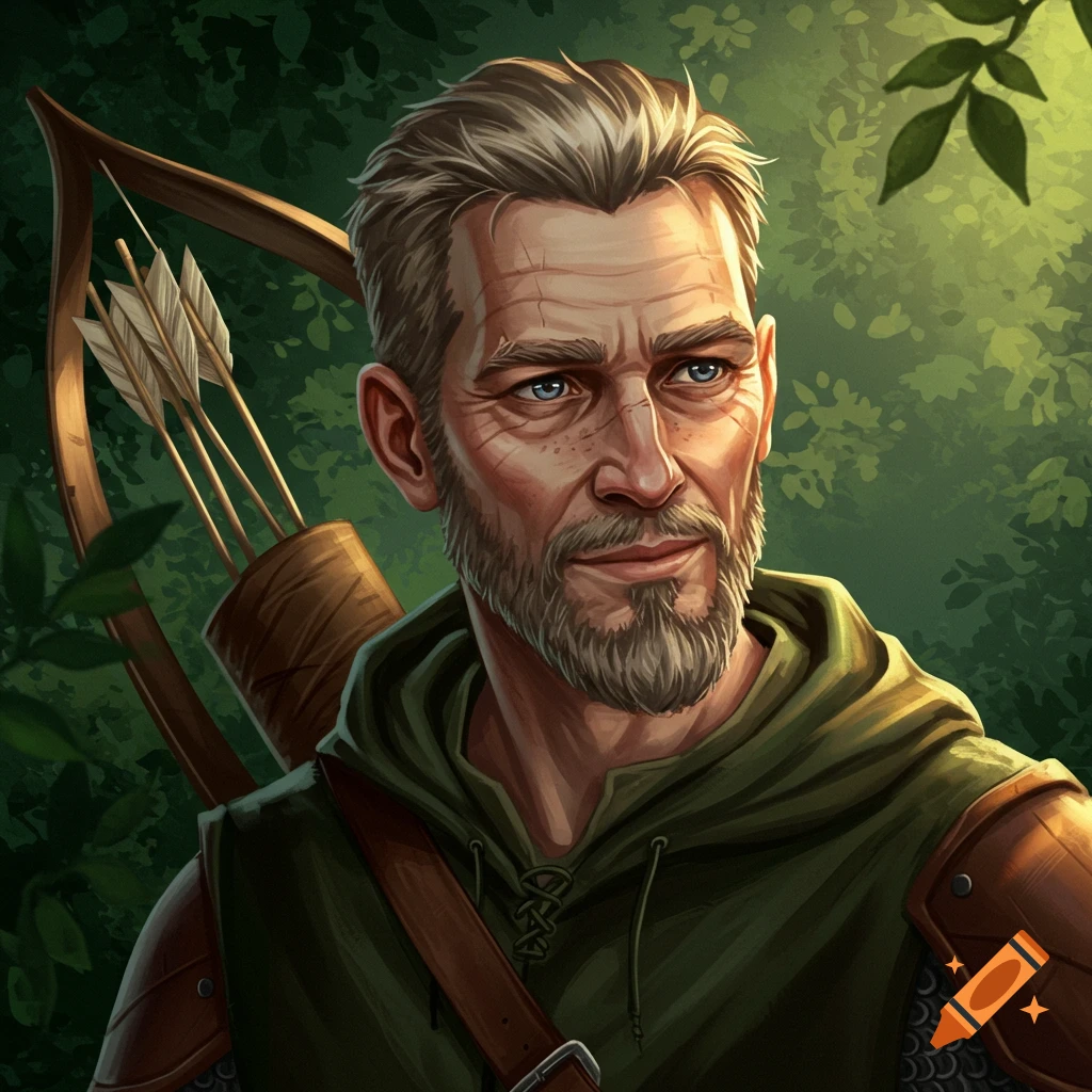 Illustration of an older man with a beard and hood holding a bow and ...