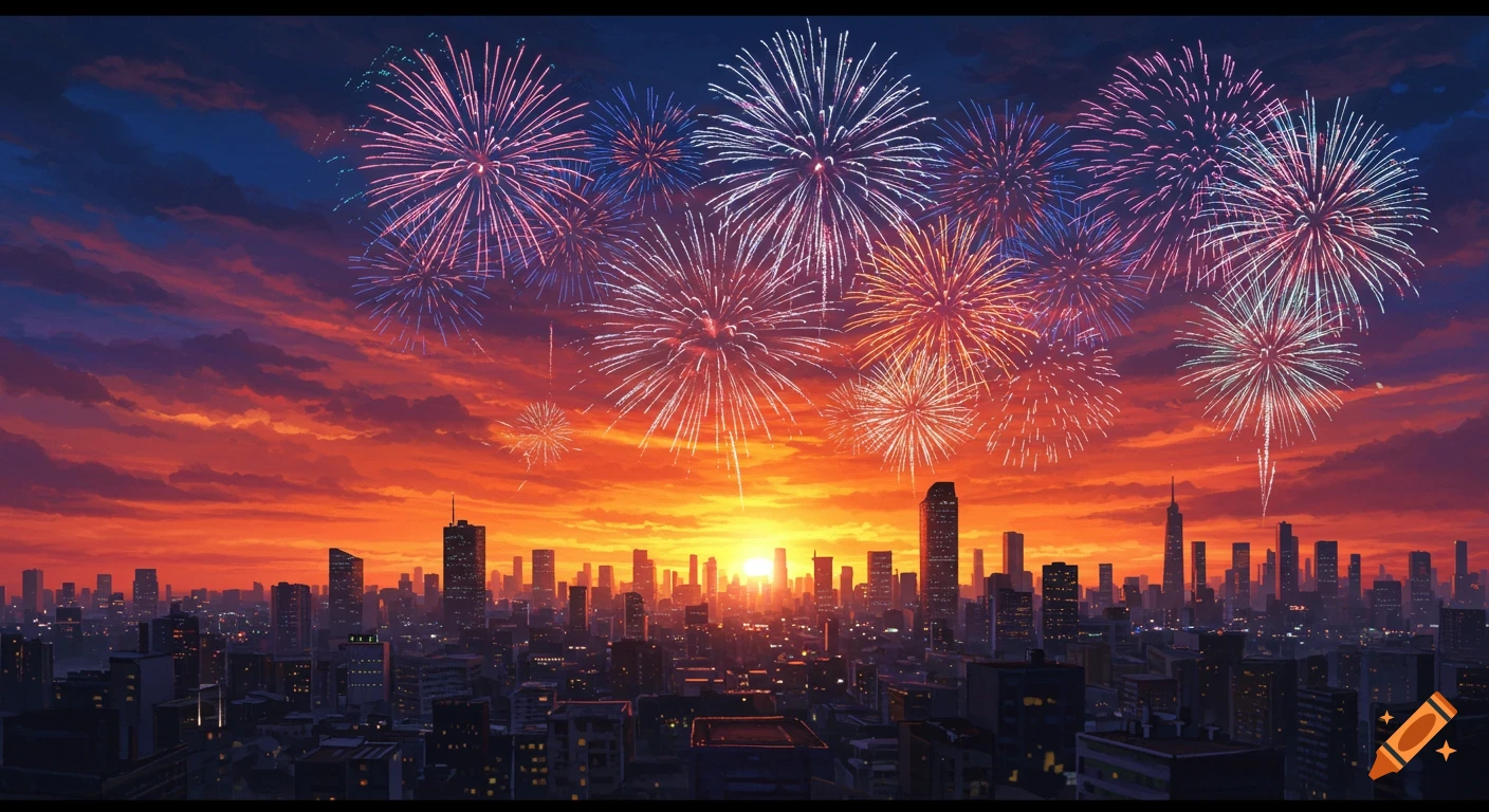 City skyline at sunset with fireworks exploding overhead, digital art ...