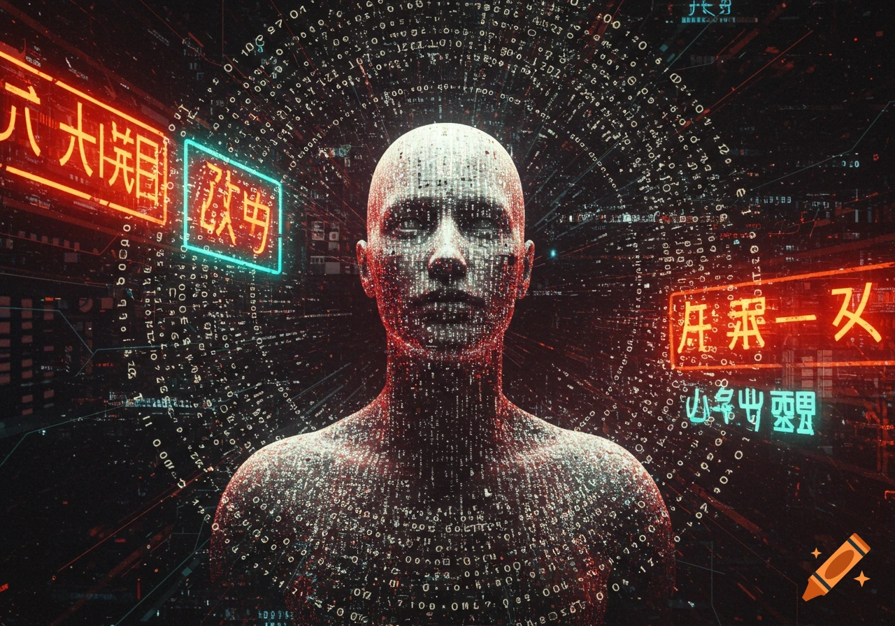 Cyberpunk portrait of a humanoid figure made of digital data ...