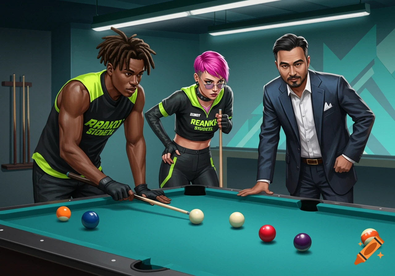 Three people playing pool on a billiard table, digital art style. on Craiyon