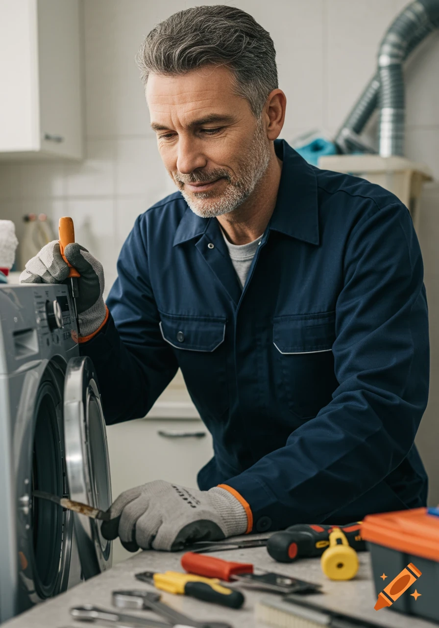 Professional male technician repairing a washing machine with tools. on ...
