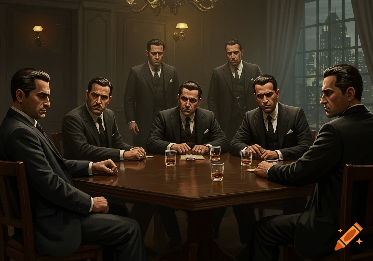 Group of men in suits at a meeting table, likely mobsters on Craiyon