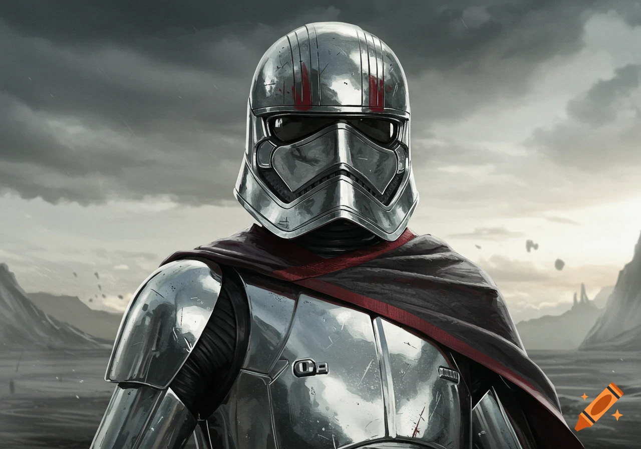 Close-up of Captain Phasma in chrome armor and red cape against a ...