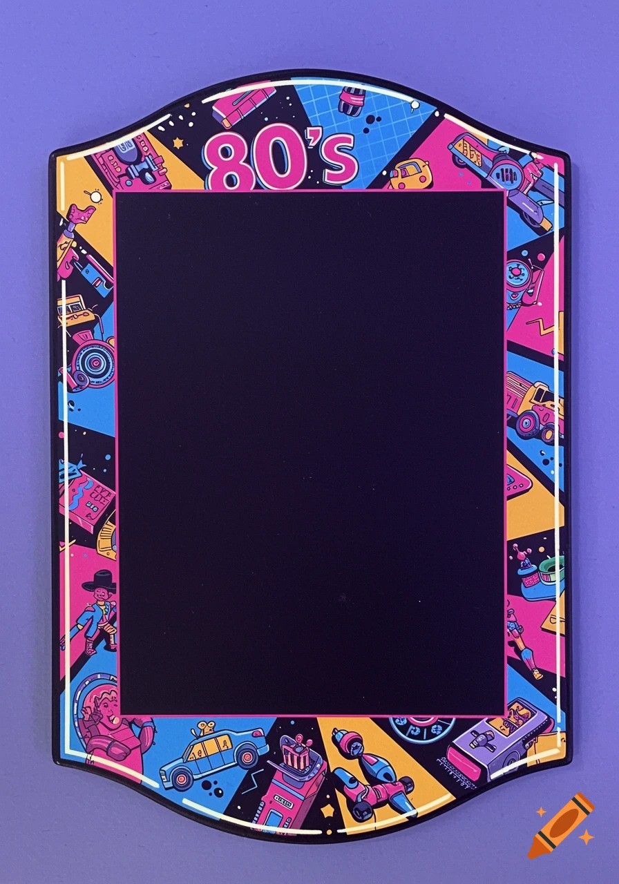 An 80s themed sign with a black center and a colorful border depicting ...