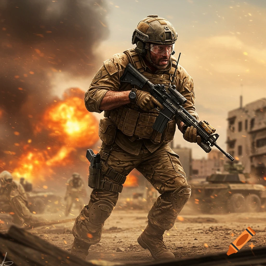 Photorealistic image of a soldier running through a dusty combat zone ...