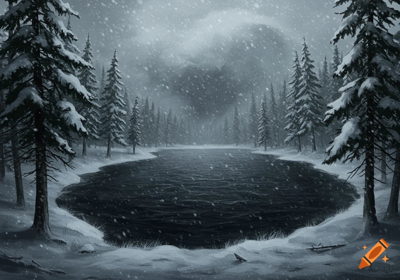 An ominous lake surrounded by snow-covered trees during a blizzard. on ...