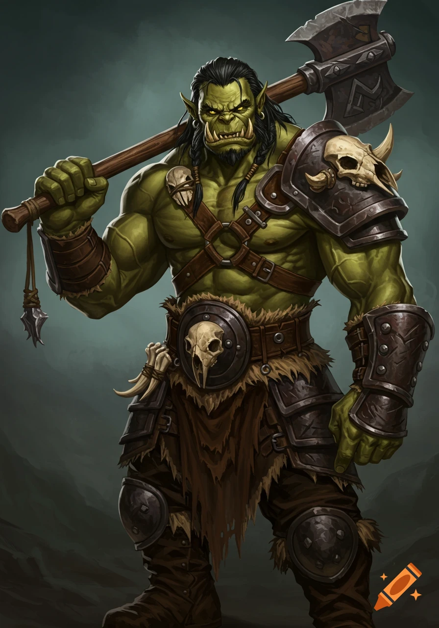 Muscular orc barbarian holding a large axe over his shoulder. on Craiyon