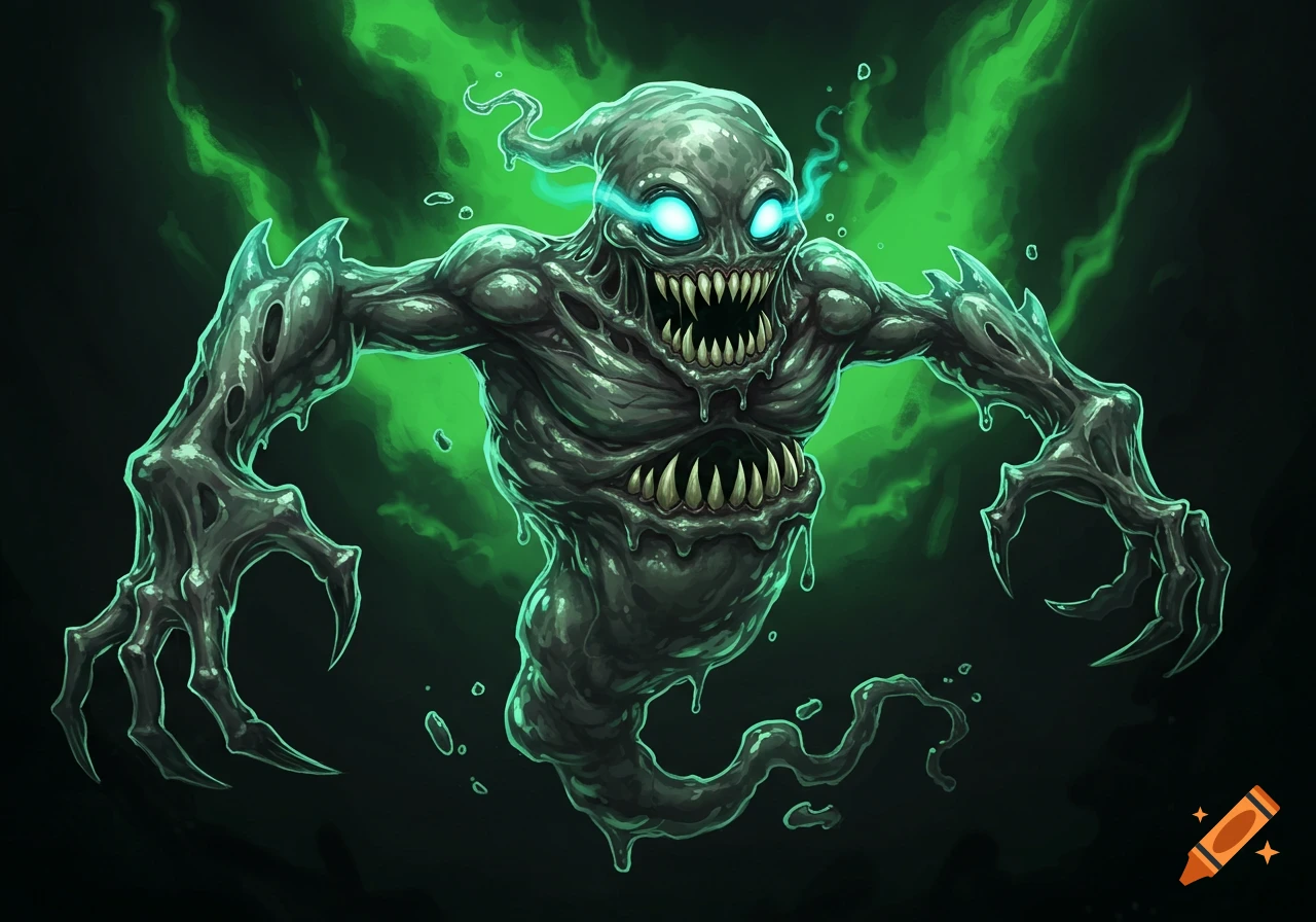 Illustration of a grey, slimy monster with glowing blue eyes, multiple mouths with sharp teeth ...