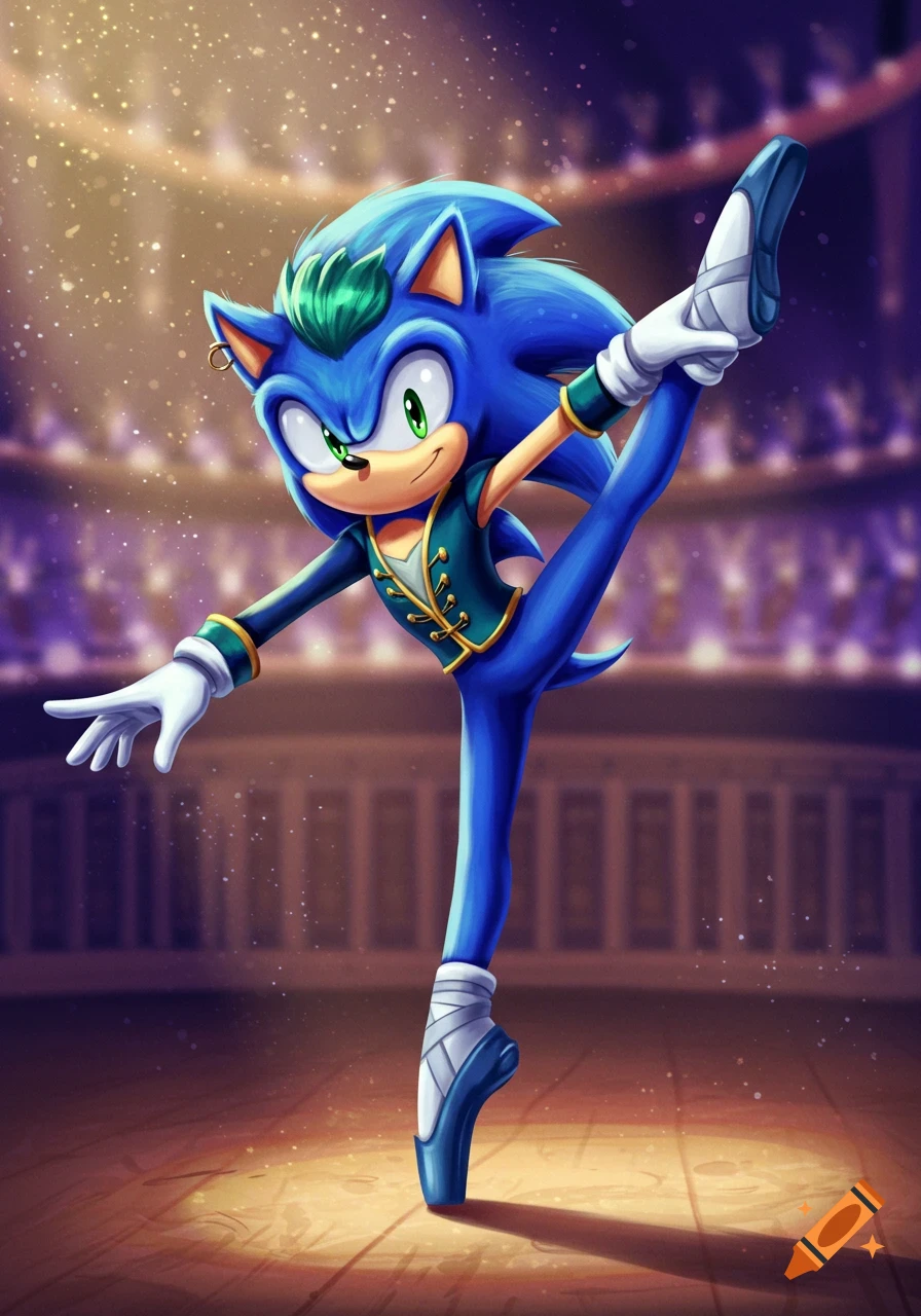 Sonic the Hedgehog performs a ballet pose on a stage. on Craiyon