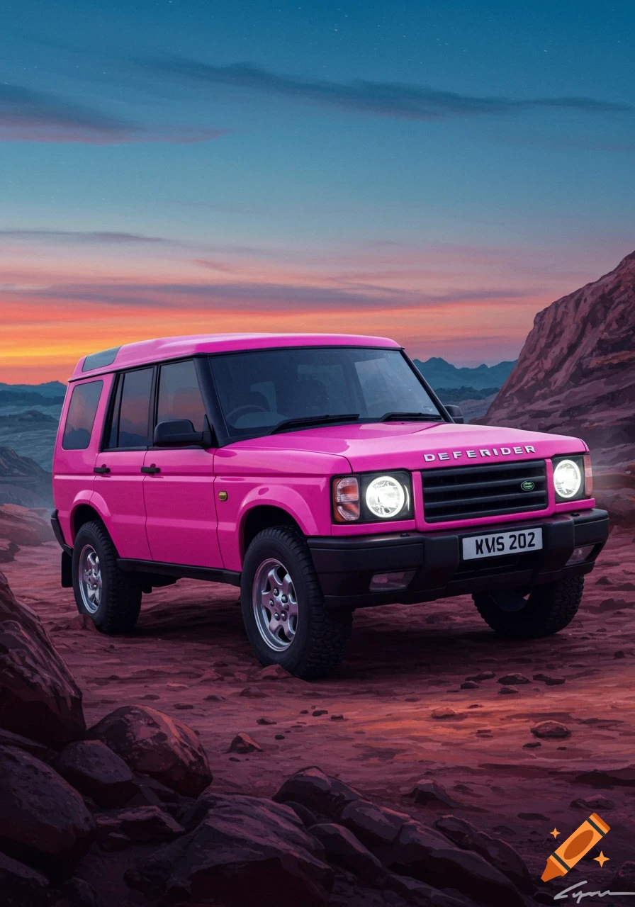 A bright pink Land Rover Defender is parked on a rocky surface with a ...