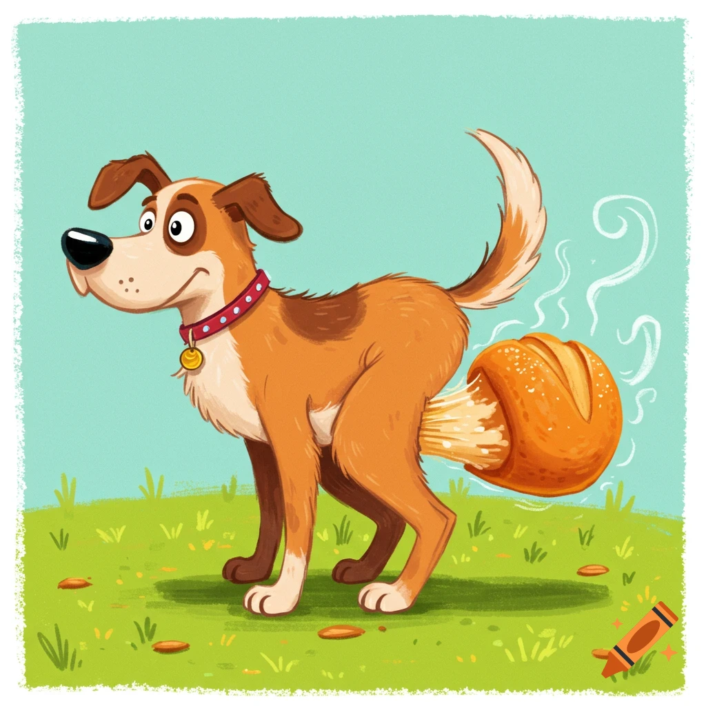 Cartoon dog pooping a loaf of bread on Craiyon
