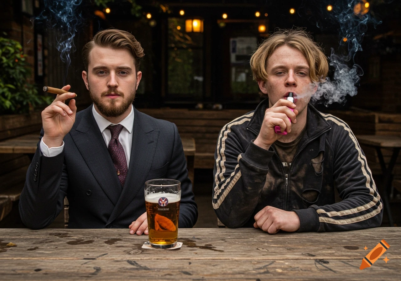 Two men, one in a suit smoking a cigar, the other in a ripped tracksuit ...