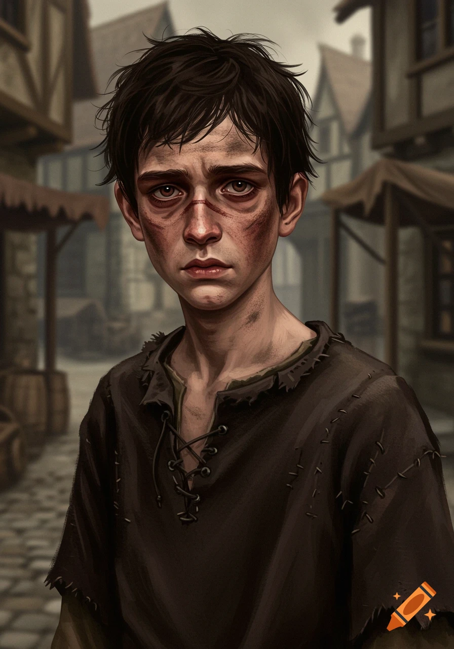 Portrait of a young orphan boy with dirt on his face in a medieval town ...