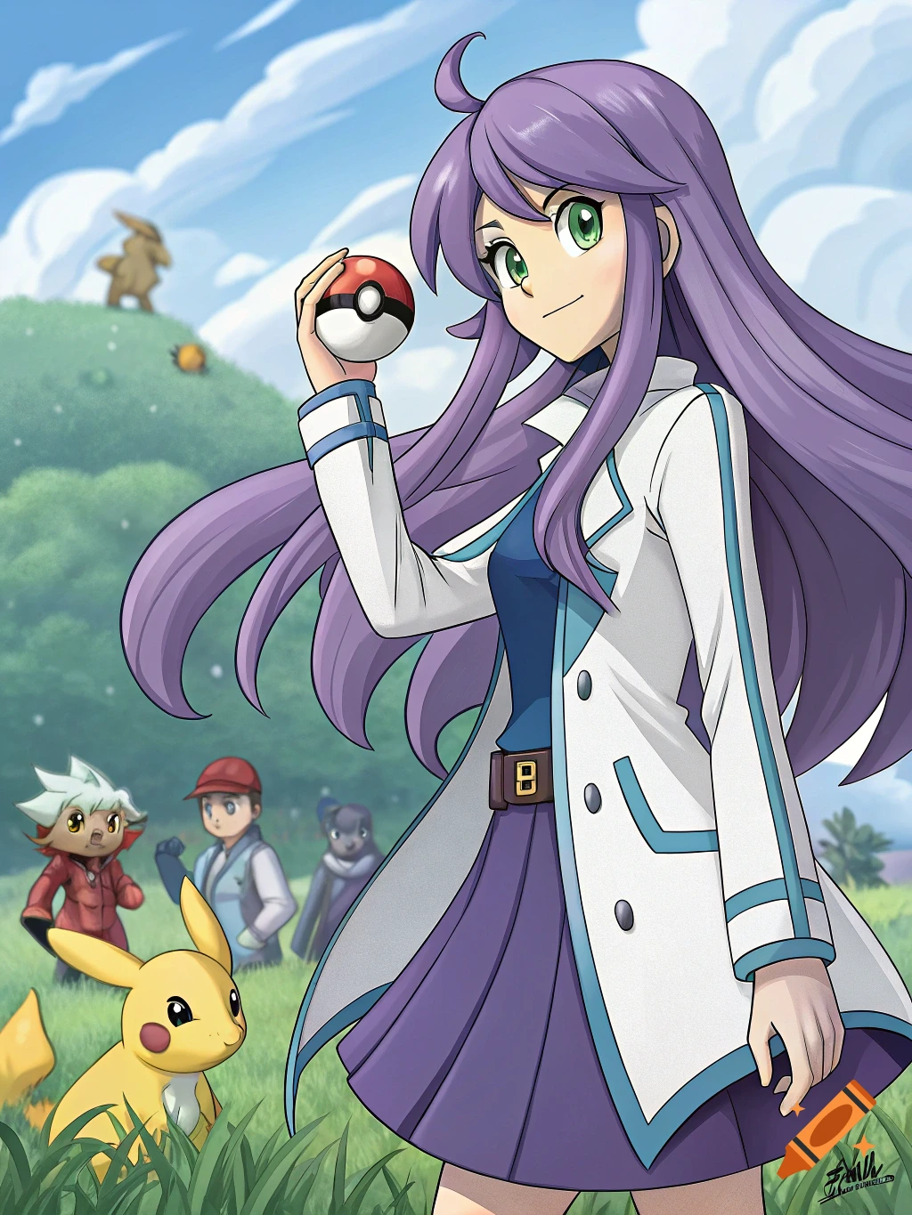 An anime-style woman with purple hair holds a Pokeball in a field with ...