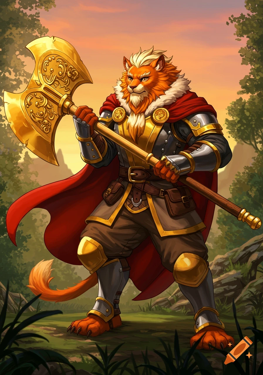 Fantasy illustration of an orange leonin fighter in armor holding a ...